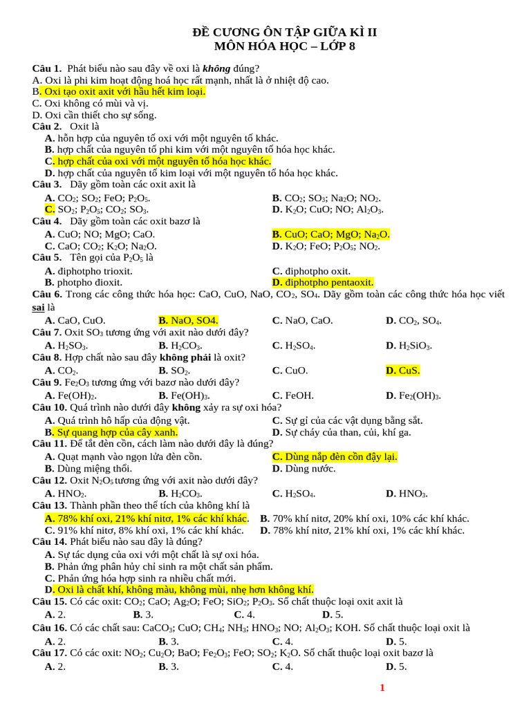 Hoa 8 - de Cuong Giua HKII | PDF