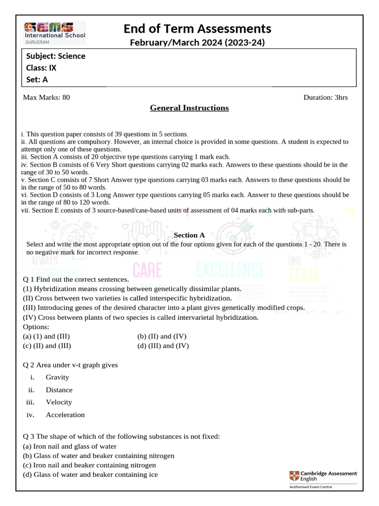 Grade IX Set A Science Revision Test Paper 24-25 Sample Paper | PDF ...