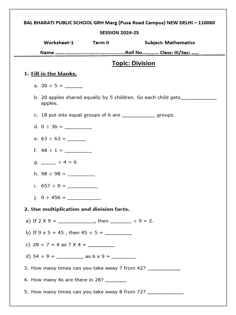Grade 3 Math Division Worksheet | PDF