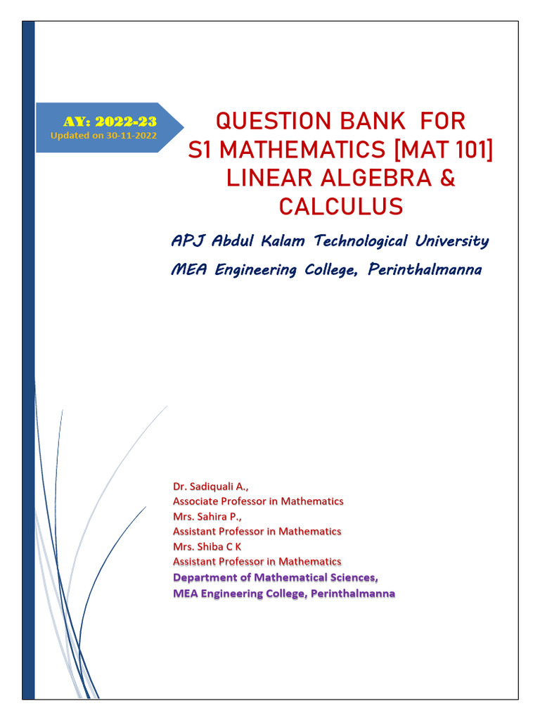 2022_S1_MAT101 Question BanK | PDF | Eigenvalues And Eigenvectors | Matrix (Mathematics)