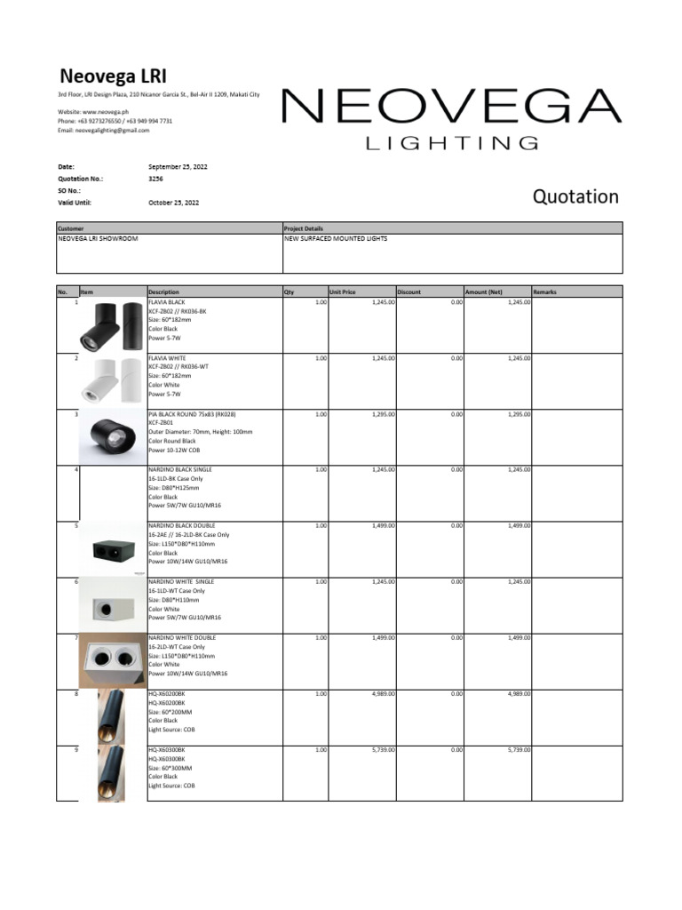 Neovega LRI Quotation for Lighting | PDF
