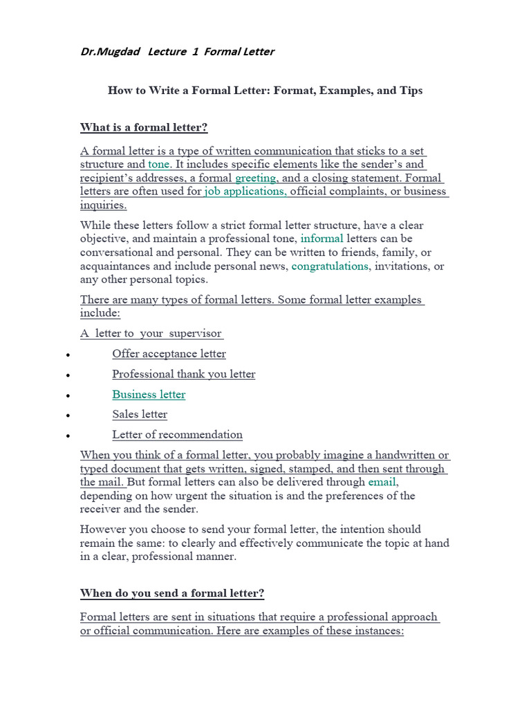DR Mugdad Lecture 1 Formal Letter - Docx HOMEWORK | PDF | Communication ...