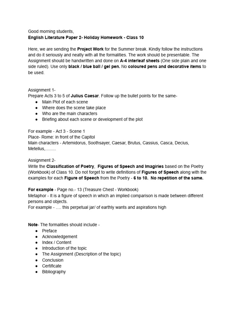 English Paper 2 - Holiday Homework, Class 10 | PDF