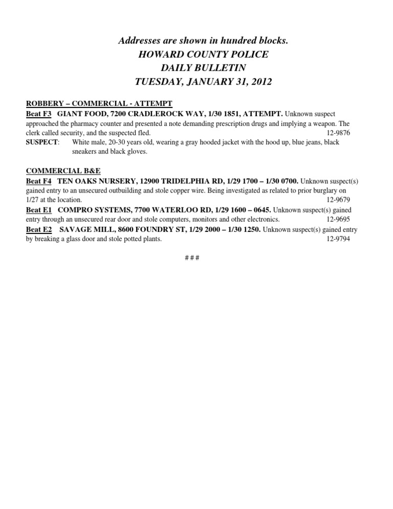 Howard County Police Daily Bulletin | PDF