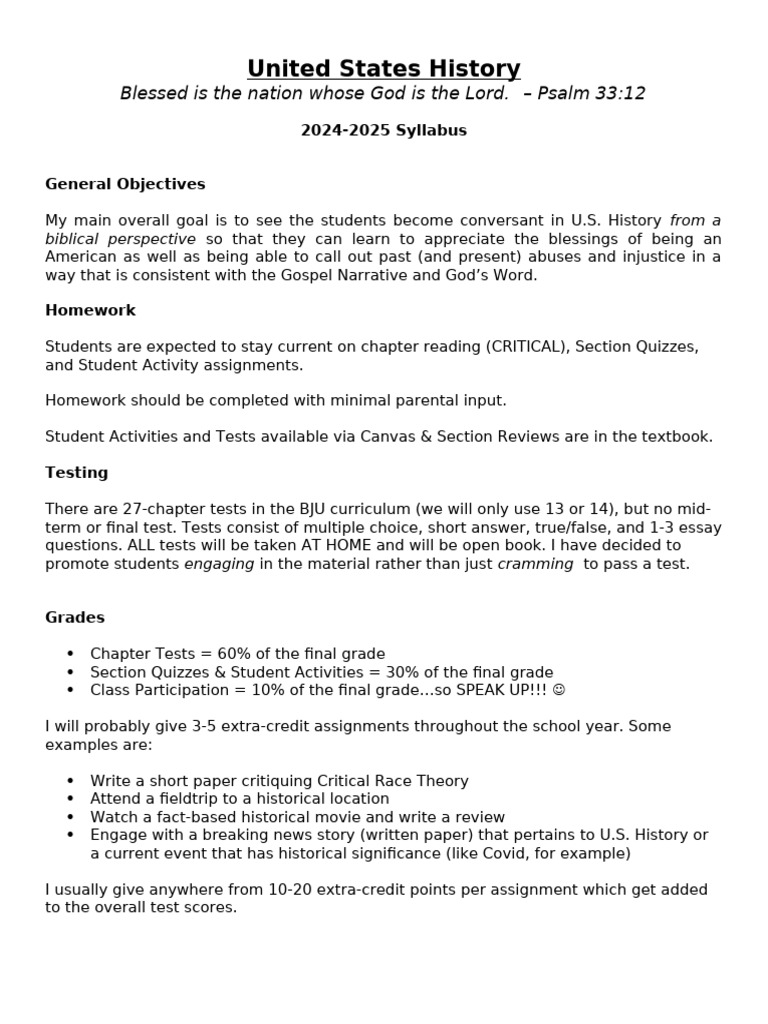 US History Syllabus 2024-2025 | PDF