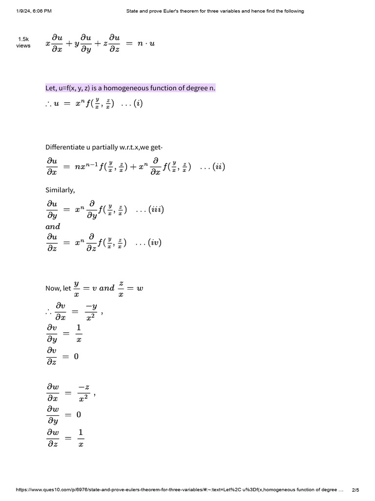 State and prove Euler's theorem for three variables and hence find the following | PDF ...