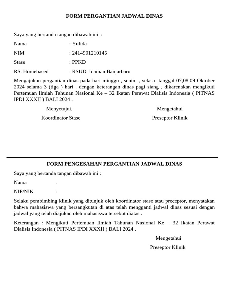 Form Pergantian Jadwal Dinas | PDF