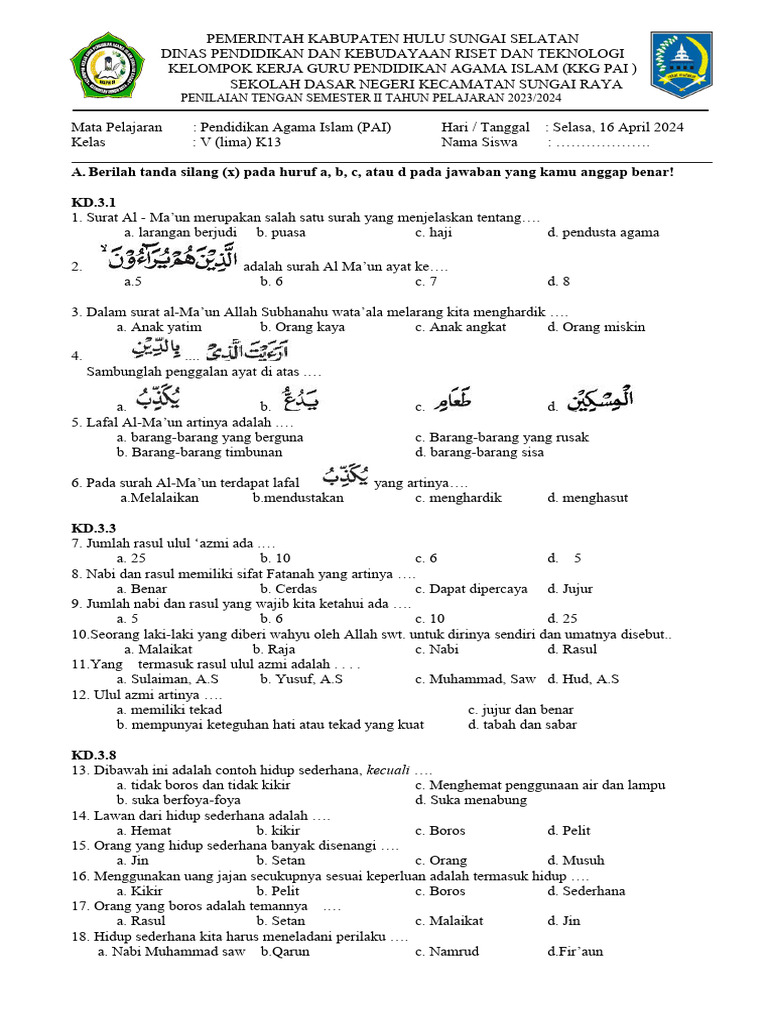 Soal PAI Kelas 5 Semester 2 2024 | PDF