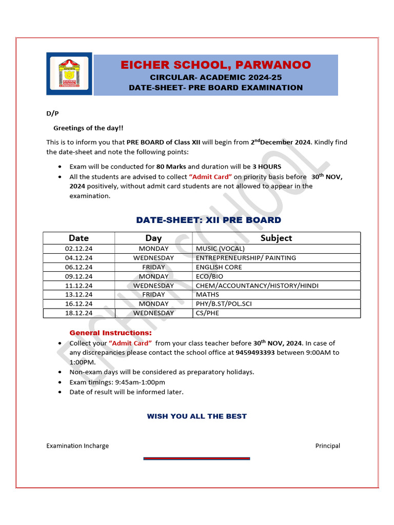 Pre Board Date Sheet 24-25 Xii | PDF