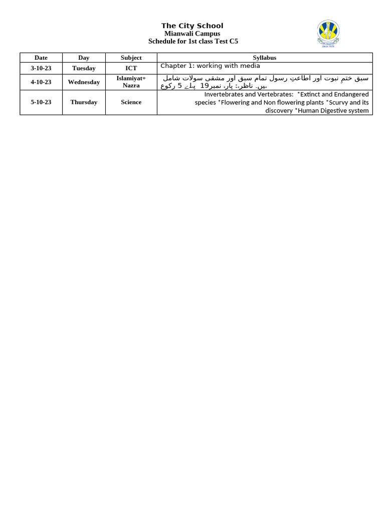 1st Class Test Schedule 5 | PDF