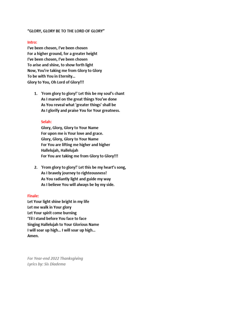 Glory Glory To The Lord of Glory | PDF