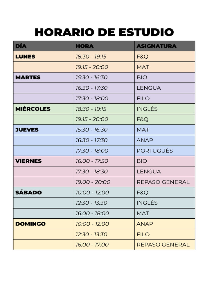 Horario de Estudio | PDF