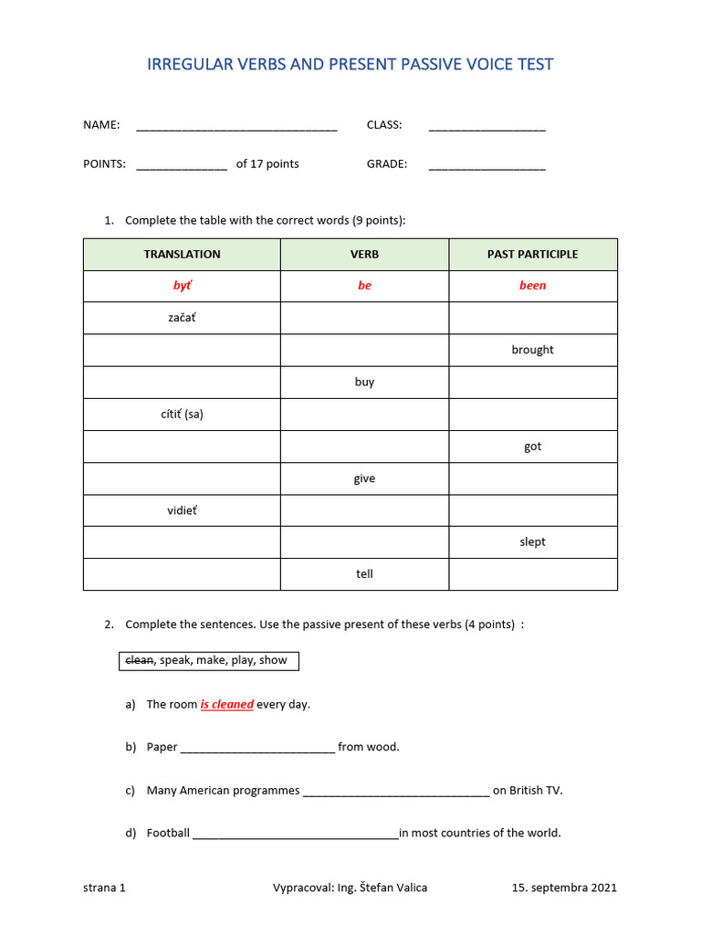 PROJECT 4 KAPITOLA 5A IRREGULAR VERBS AND PRESENT PASSIVE VOICE TEST (2 ...