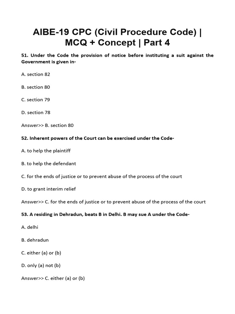 AIBE-19 CPC (Civil Procedure Code) MCQ + Concept Part 4 | PDF | Lawsuit | Civil Law (Common Law)