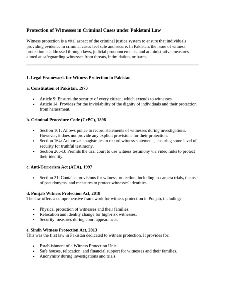 Protection of Witnesses in Criminal Cases Under Pakistani Law | PDF ...