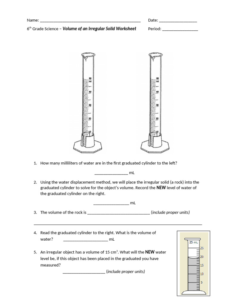 6th Grade Science: Volume of Solids Worksheet | PDF | Volume | Density
