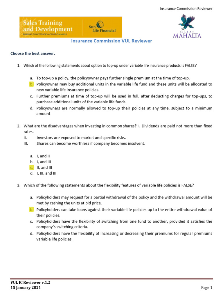 VUL-DOCUMENT-Answer-key 2 | PDF | Investment Fund | Life Insurance