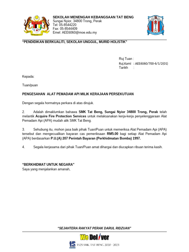 Sekolah Menengah Kebangsaan Tat Beng: Ruj - Kami: AEE6060/700-6/1/2 | PDF