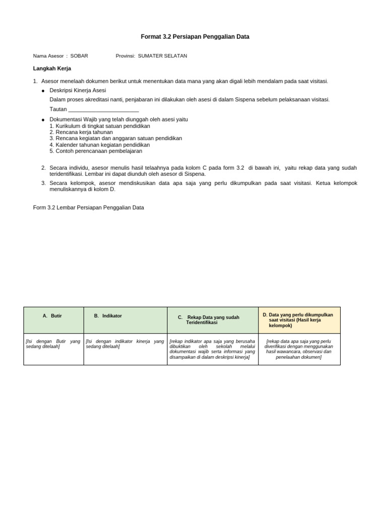Format 3.2 Persiapan Penggalian Data - Pra Visitasi | PDF
