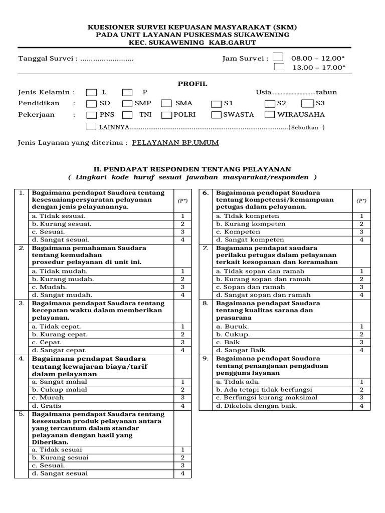 1. Format Kuesioner Survei Kepuasan Masyarakat | PDF