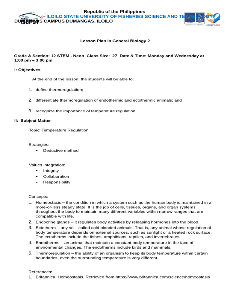 Thermoregulation Lesson Plan | PDF | Thermoregulation | Homeostasis