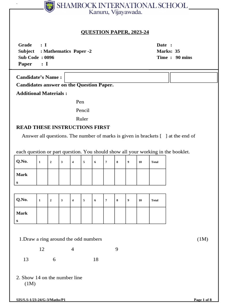 Term-1 GR - 1 Maths Question Paper 2 | PDF | Shape | Geometric Shapes