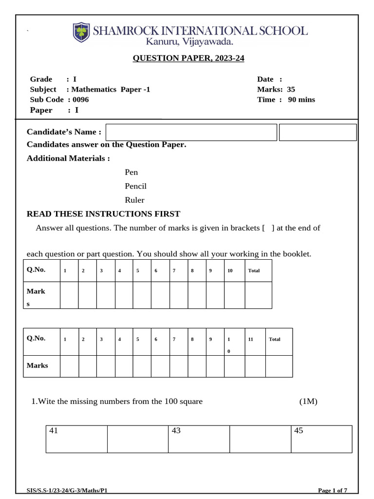 Grade 1 Maths Term 1 Question Paper | PDF | Elementary Geometry ...