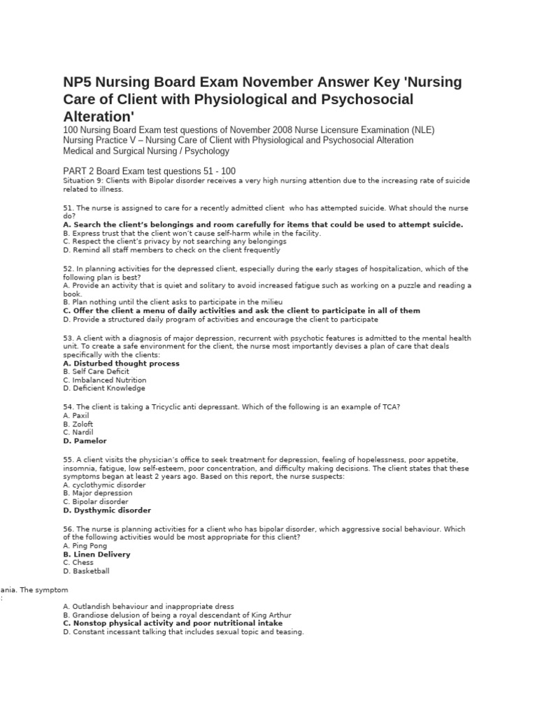 NP5 Nursing Board Exam November Answer Key | PDF | Psychotherapy | Anxiety