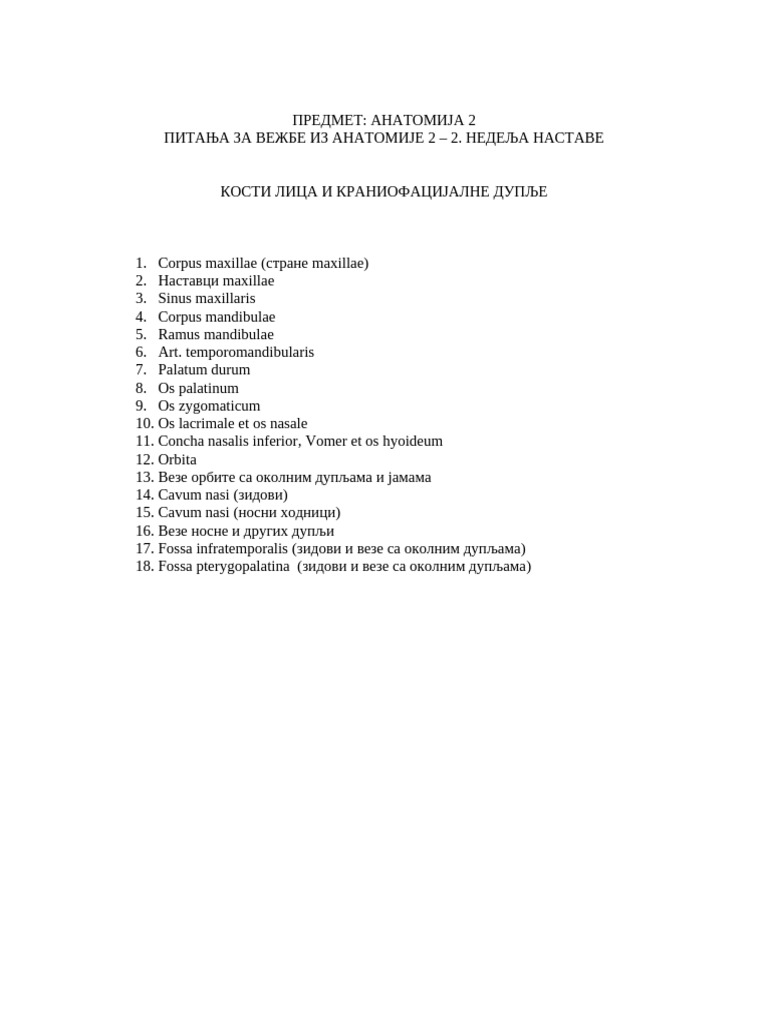 Pitanja Za Vezbe - Anatomija 2 - 2. Nedelja 2020 | PDF