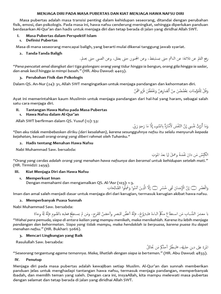 449. MENJAGA DIRI PADA MASA PUBERTAS DAN KIAT MENJAGA HAWA NAFSU DIRI | PDF