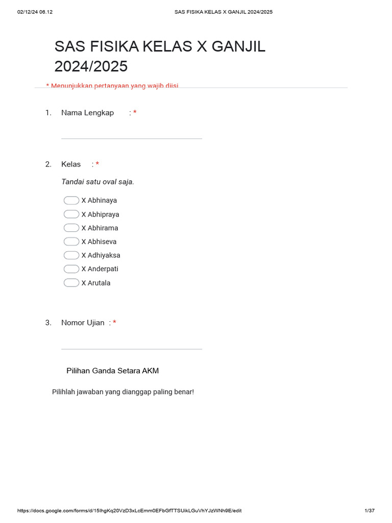 Kisi -Kisi Sas Ganjil Kelas x 2024 | PDF