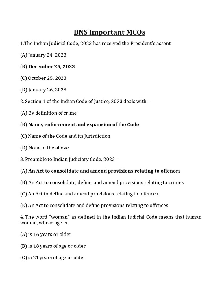 BNS Important MCQs | PDF | Crimes | Crime & Violence