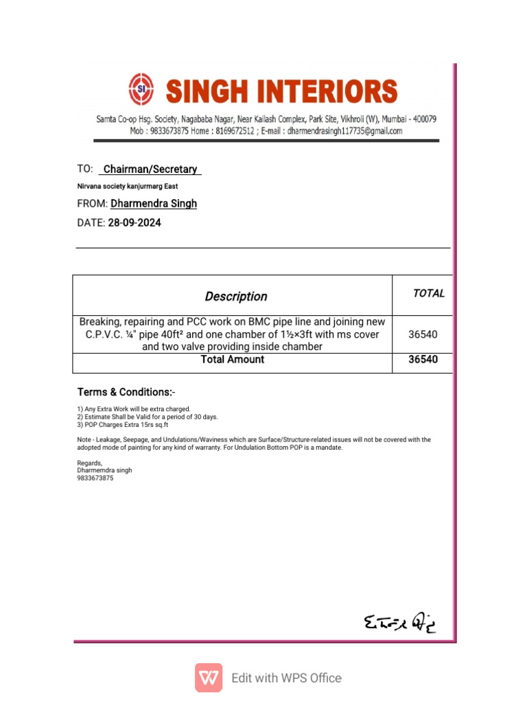 Nirvana Kanjur Marg East BMC Pipe Line Connection Work Quotation | PDF