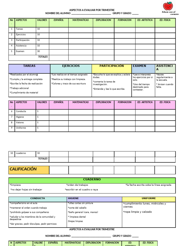 Aspectos A Evaluar Por Trimestre | PDF