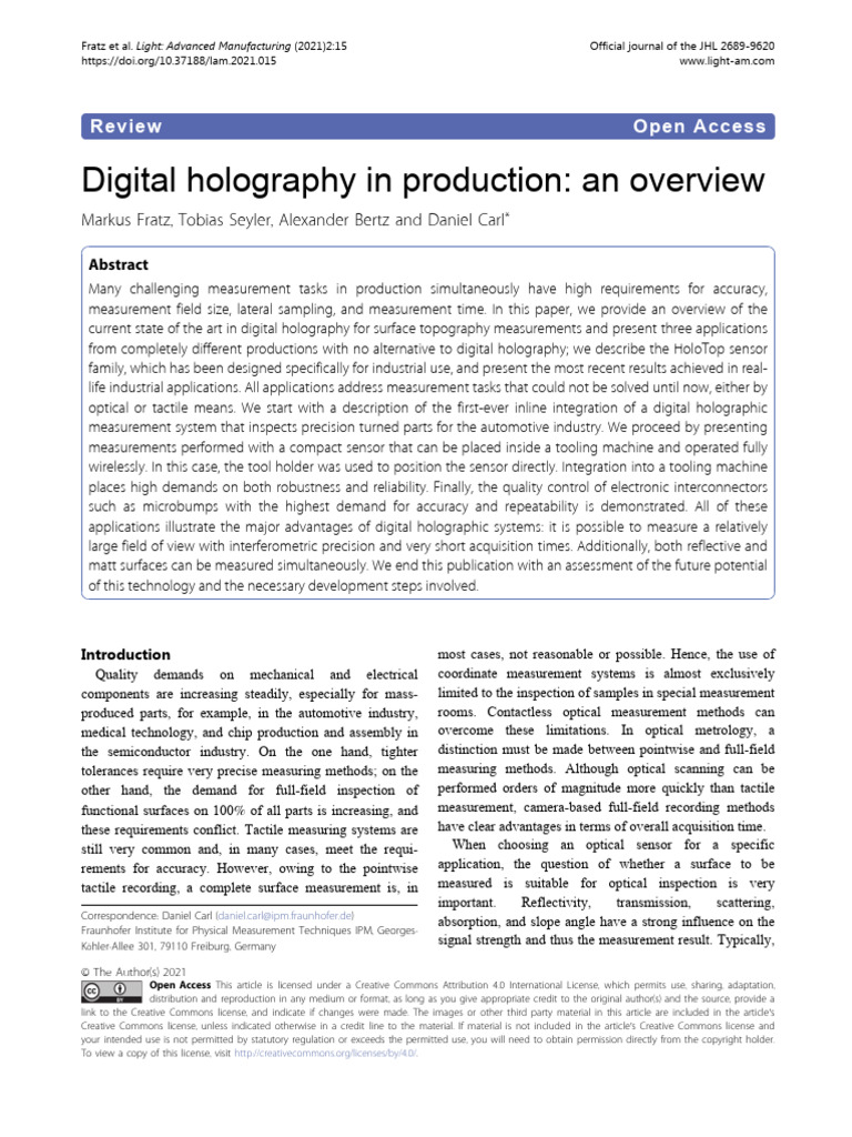 Digital Holography in Production: An Overview | PDF | Holography ...