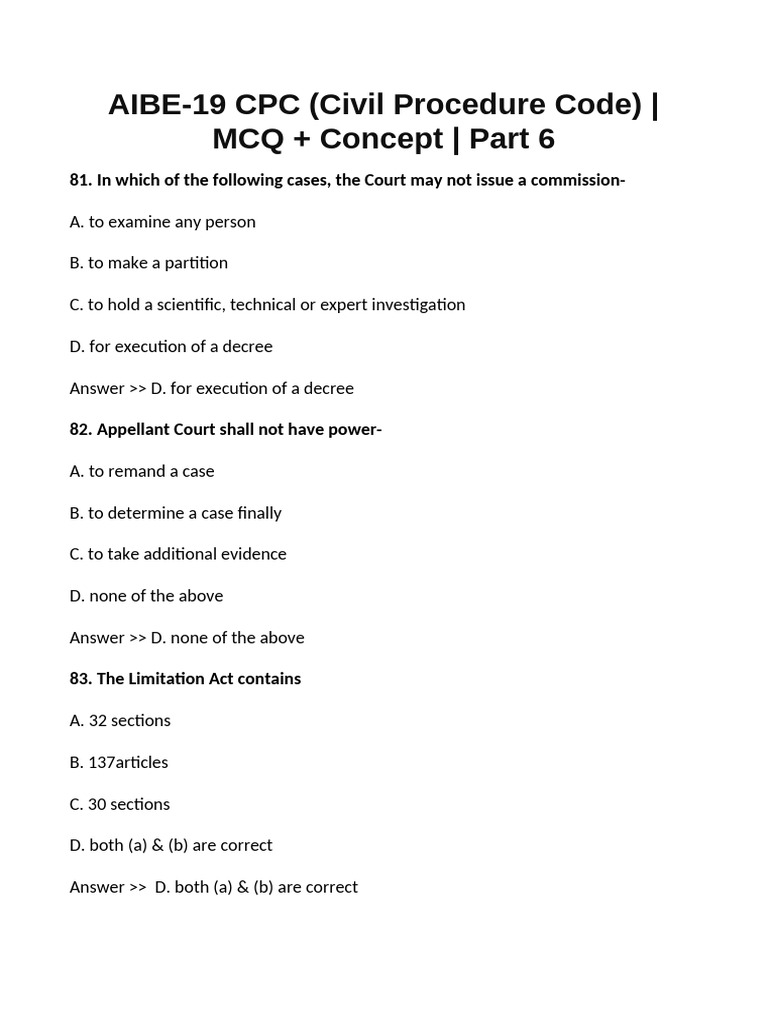 AIBE-19 CPC (Civil Procedure Code) MCQ + Concept Part 6 | PDF | Lawsuit | Civil Law (Common Law)