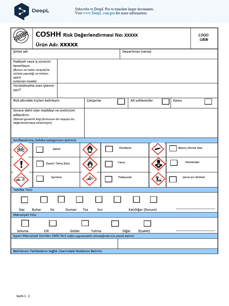 COSHH Risk Assessment TR | PDF