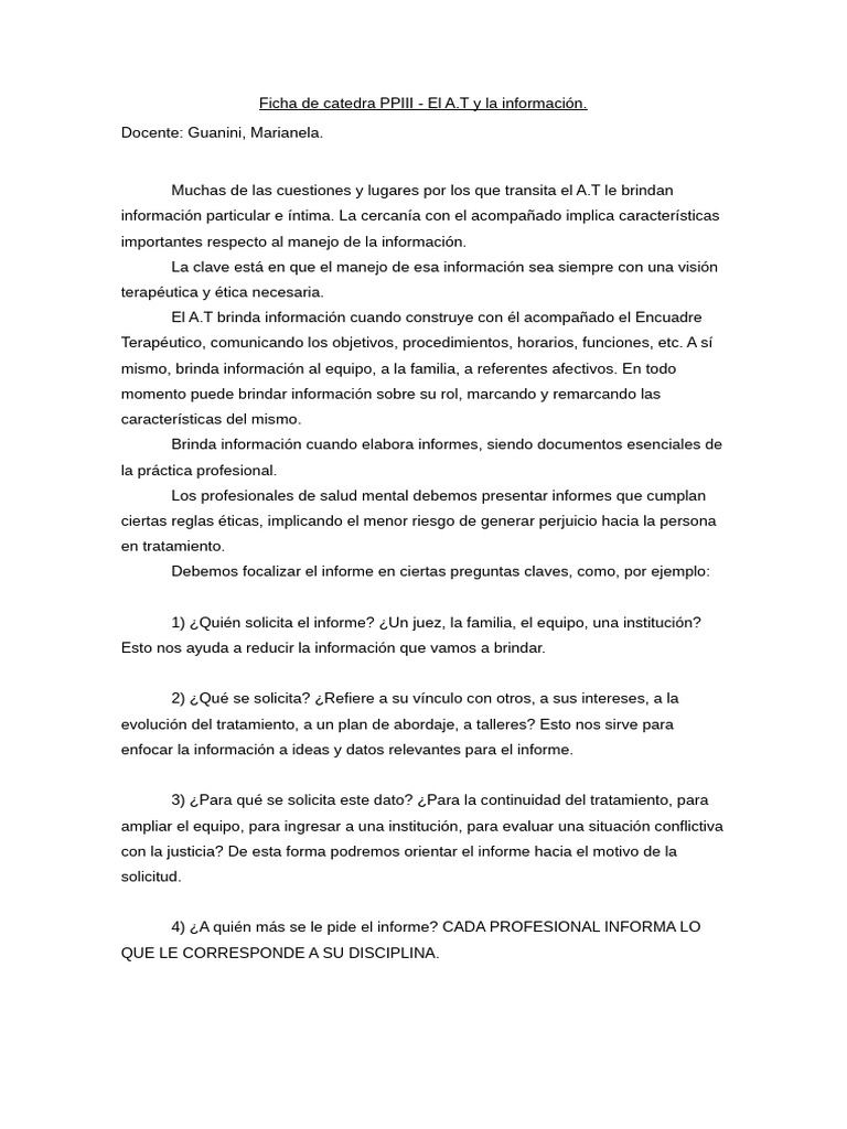 Ficha de Catedra PPIII at y La Informacion (1) | PDF | Terapia | Evaluación