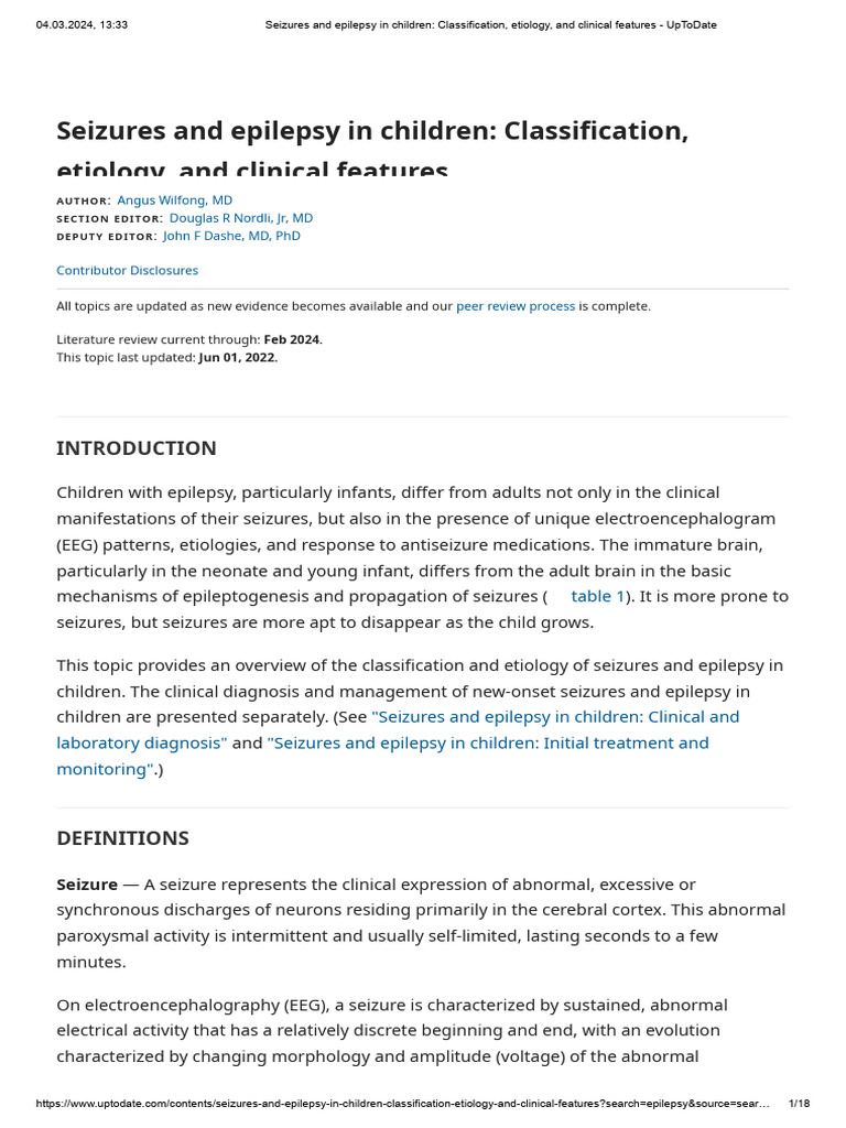 Seizures and Epilepsy in Children - Classification, Etiology, and ...