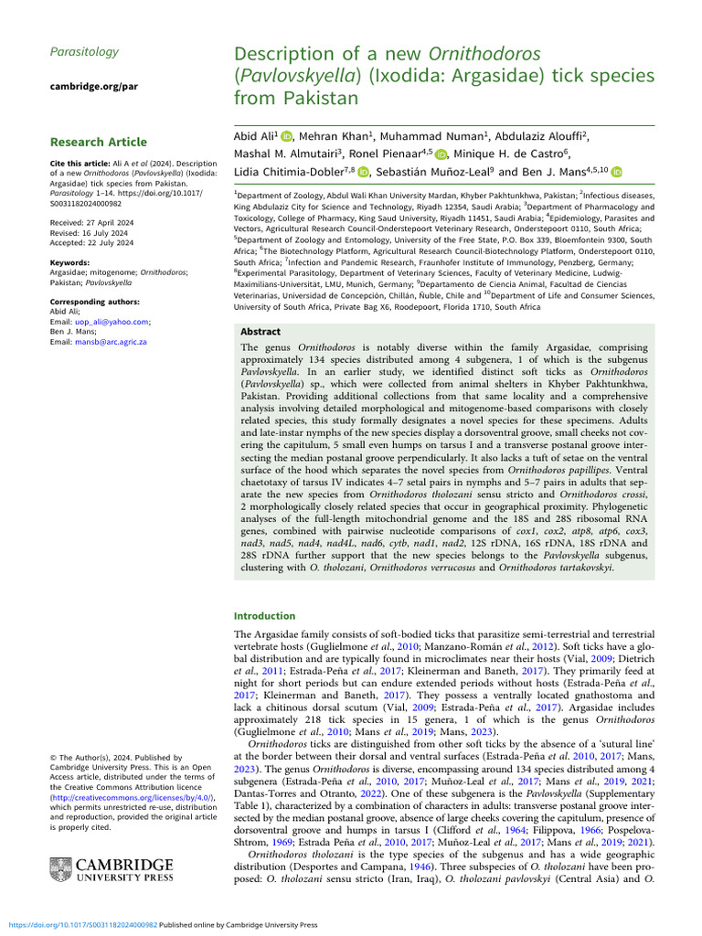 Description of A New Ornithodoros Pavlovskyella Ixodida Argasidae Tick ...