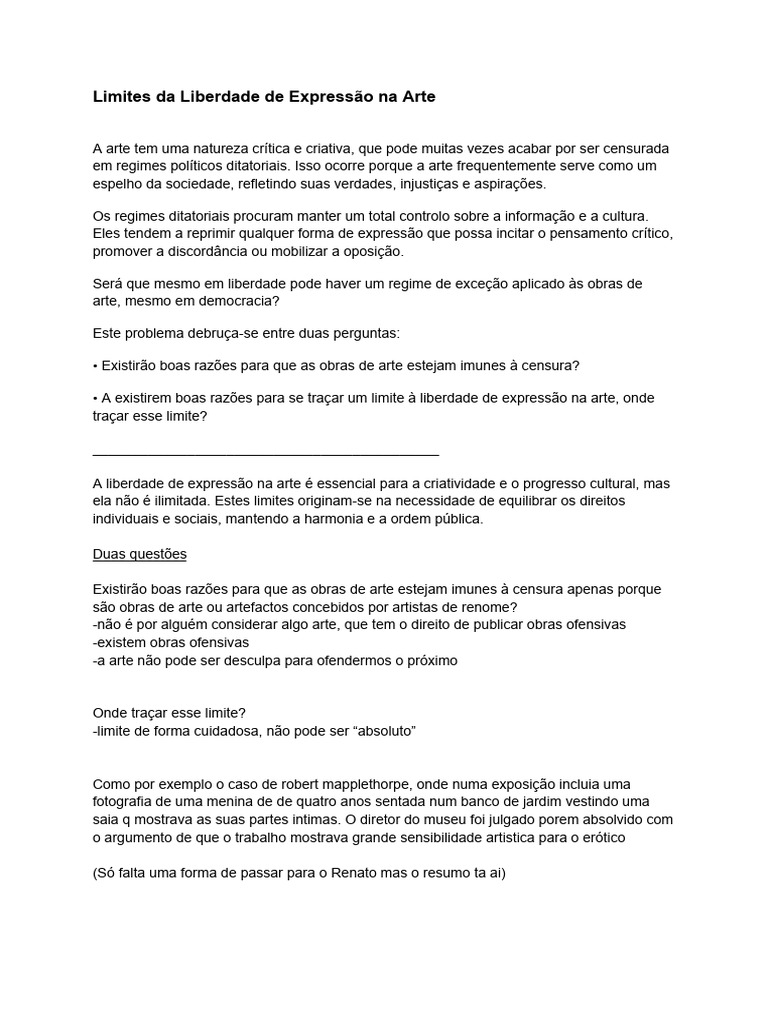 Limites da Liberdade de Expressão na Arte | PDF | Liberdade de ...