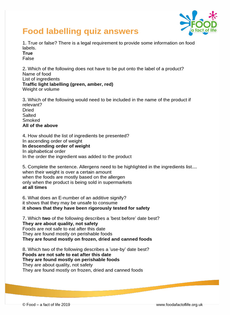 Food Labelling KQ Answers 1114he4 | PDF