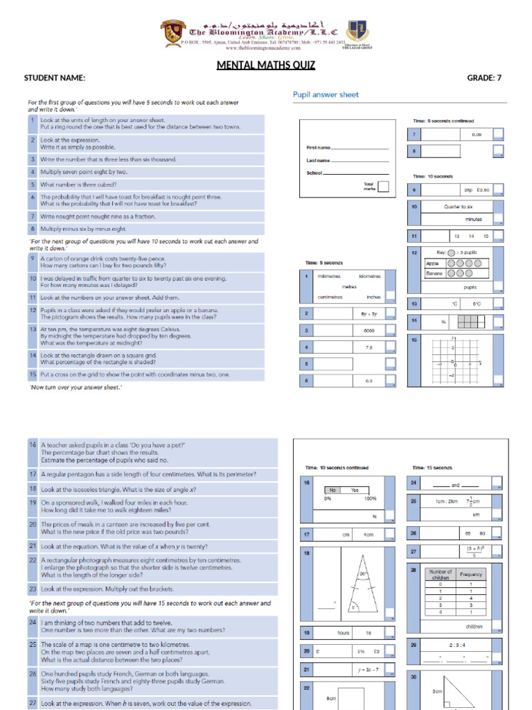 Grade 7 Mental Maths Quiz | PDF