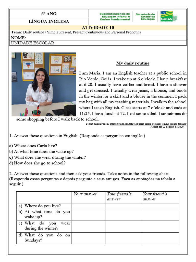 Atividade 10 6o Ano LI Simple Present and Present Continuous 1 | PDF