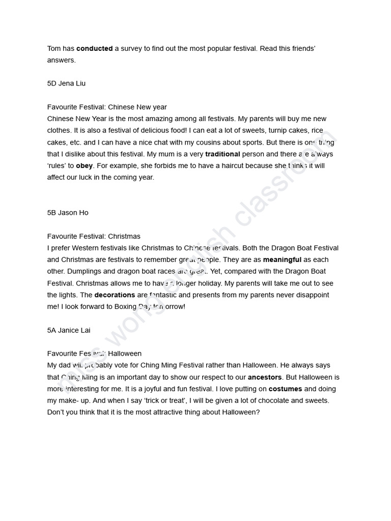 P5 Reading Exercise 1 (Festival) | PDF | Candy | Observances