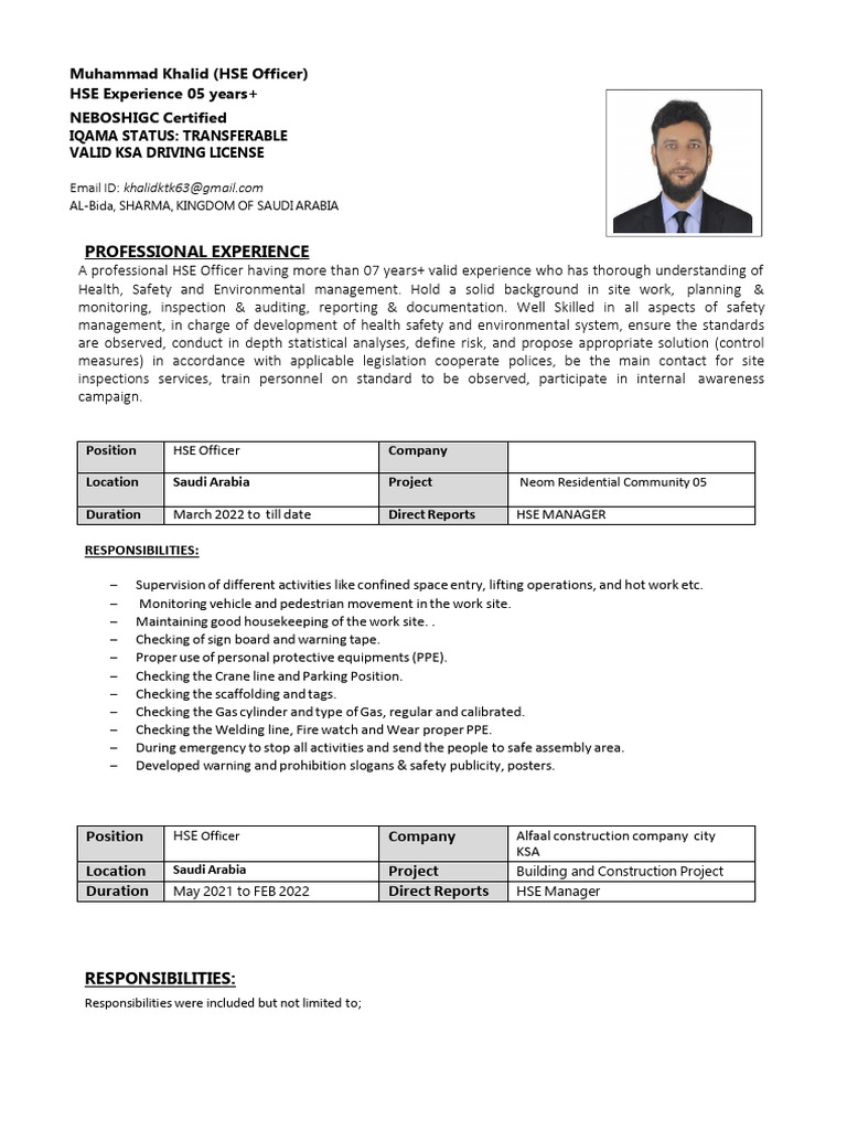 Muhammad Khalid HSE Officer KSA | PDF | Occupational Safety And Health | Safety