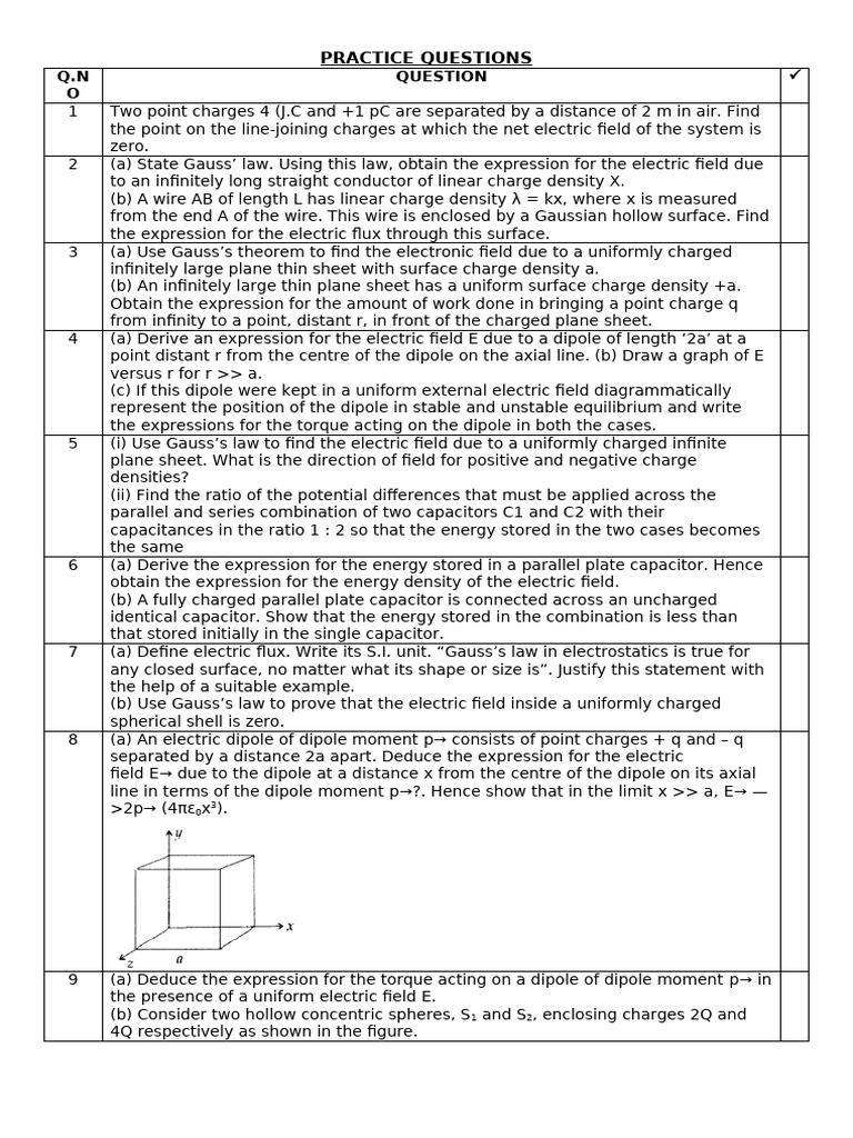 Electrostatics and Capacitance Practice Questions | PDF | Transformer | Inductor