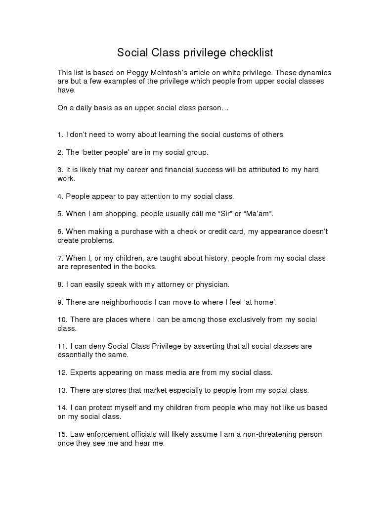 Class Privilege Checklist | PDF | Wellness
