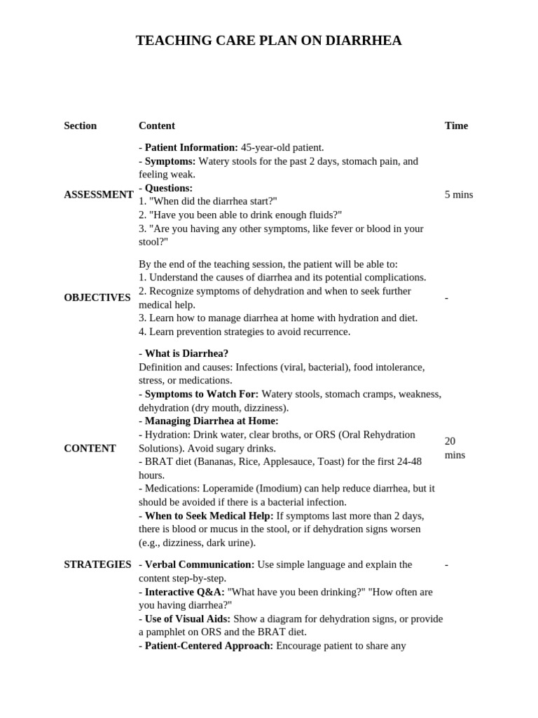 teaching care plan. | PDF | Diarrhea | Dehydration