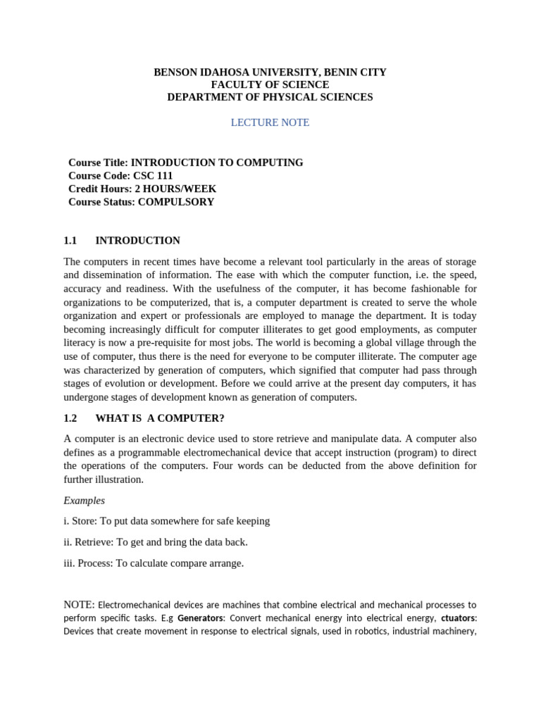 Csc 111 Material (Week 1) Now-1 | PDF | Software | Computer Hardware
